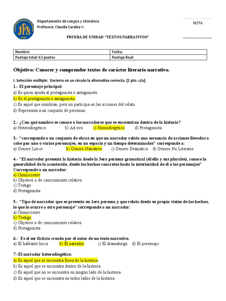 Prueba Textos Narrativos Pauta | Descargar gratis PDF | Narración | Cuentos