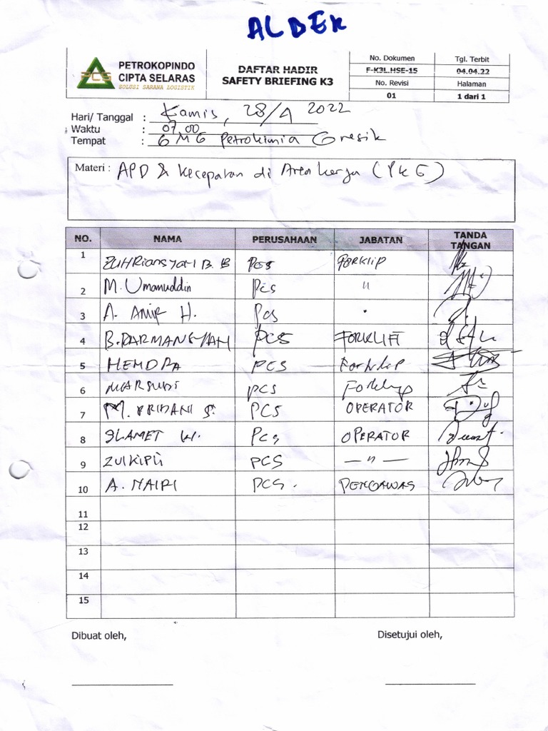 Daftar Hadir Safety Briefing | PDF