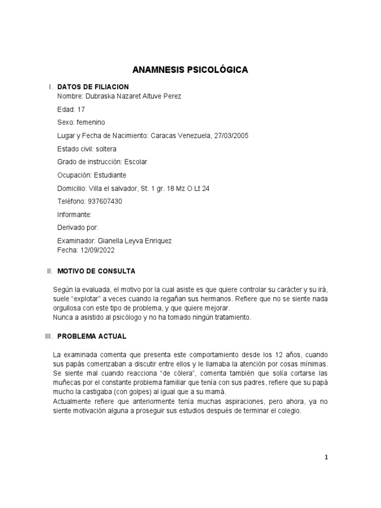 Anamnesis Psicológica Dubraska | PDF | Ciencias de la Salud