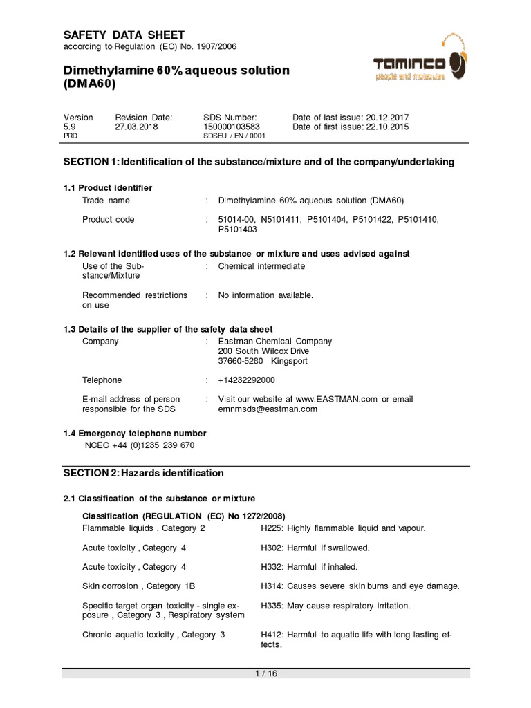 DMA 60% - Msds 2018 | PDF | Toxicity | Dangerous Goods
