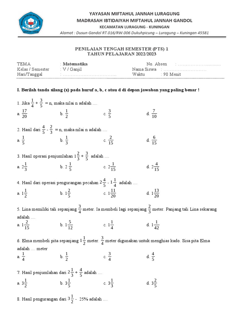 Soal PTS Matematika Kelas 5 Sem 1 | PDF