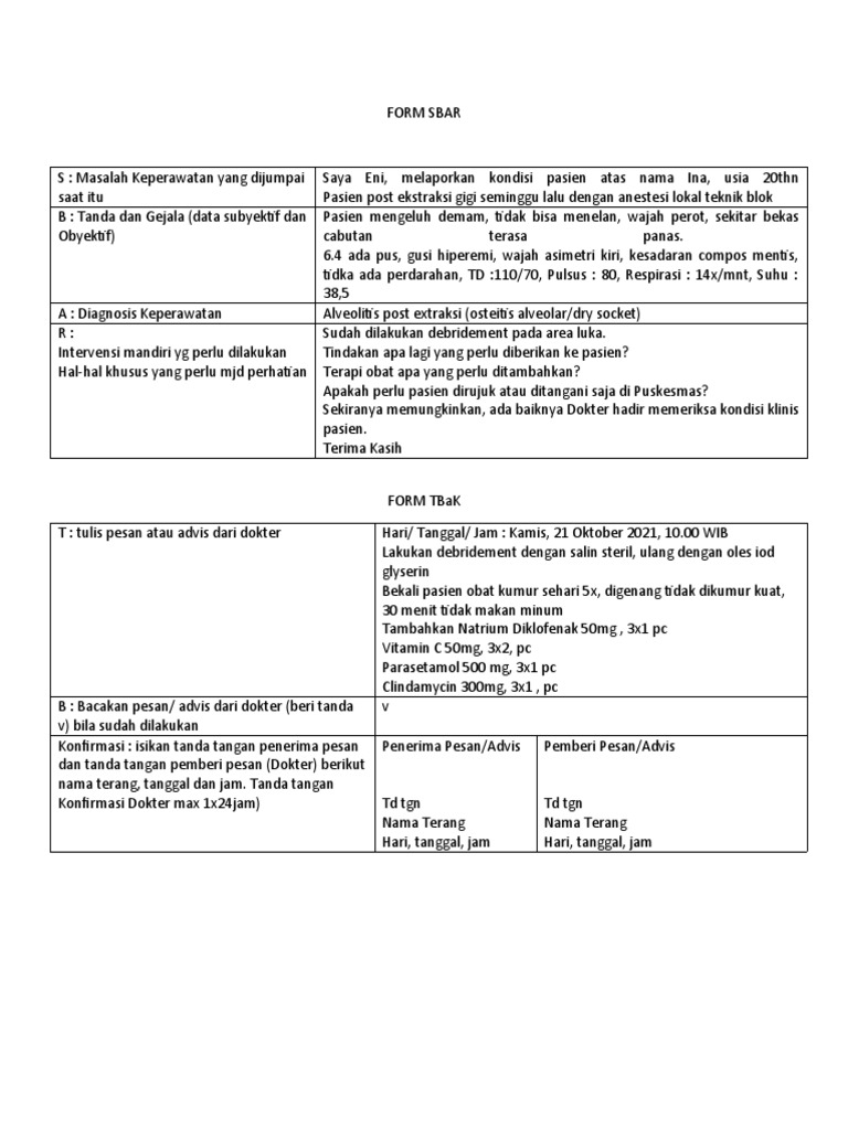 Contoh Form SBAR Dan TBaK | PDF