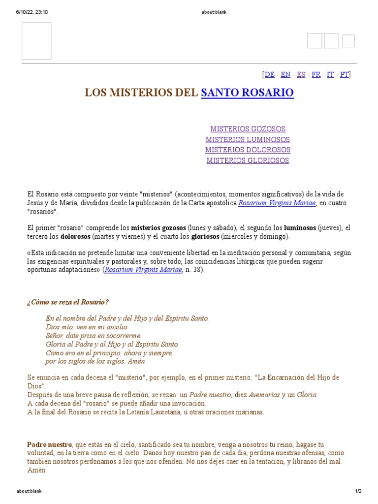 Los Misterios Del Santo Rosario | PDF | Rosario | Espiritualidad catolica