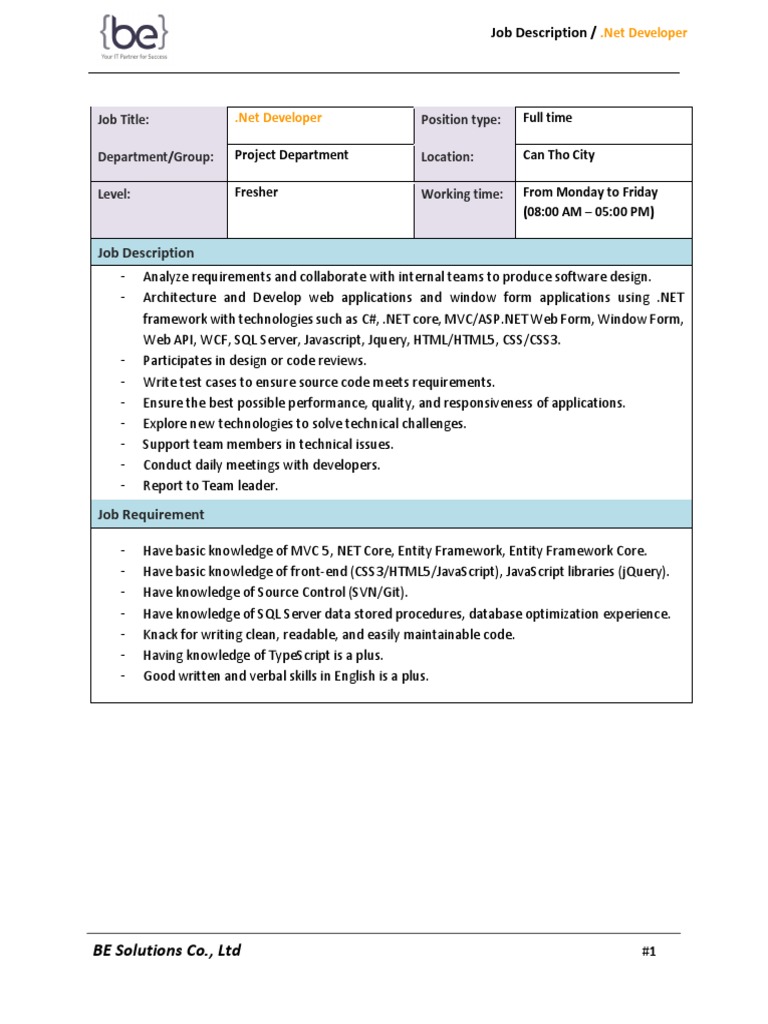 JD Be CT .Net-Developer-Fresher | PDF | Entity Framework | J Query