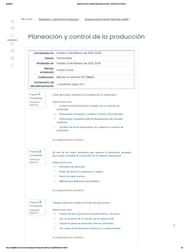 Examen Primer Parcial (Segunda Vuelta) - Planeacionde Produccion Revisión Del Intento | PDF