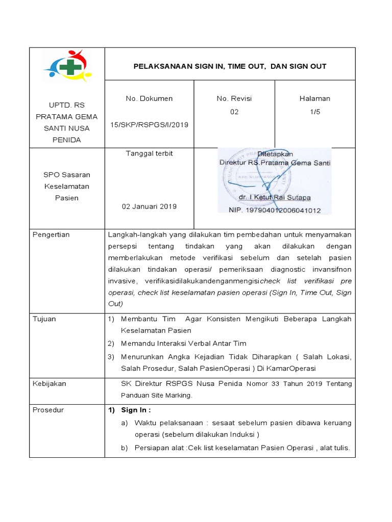 Prosedur Sign In, Time Out, Sign Out RS | PDF