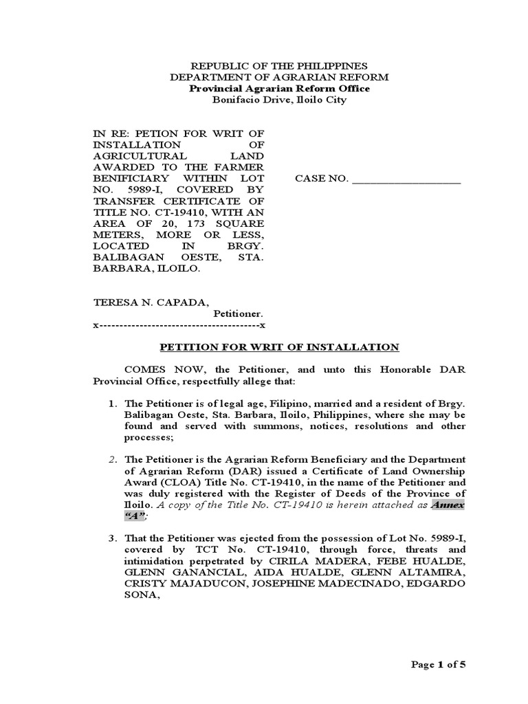 Petition for a Writ of Installation to Reclaim Lawfully Awarded Property | PDF | Affidavit ...