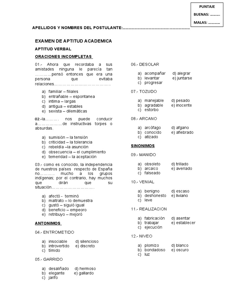 Examen de Aptitud Académica | PDF