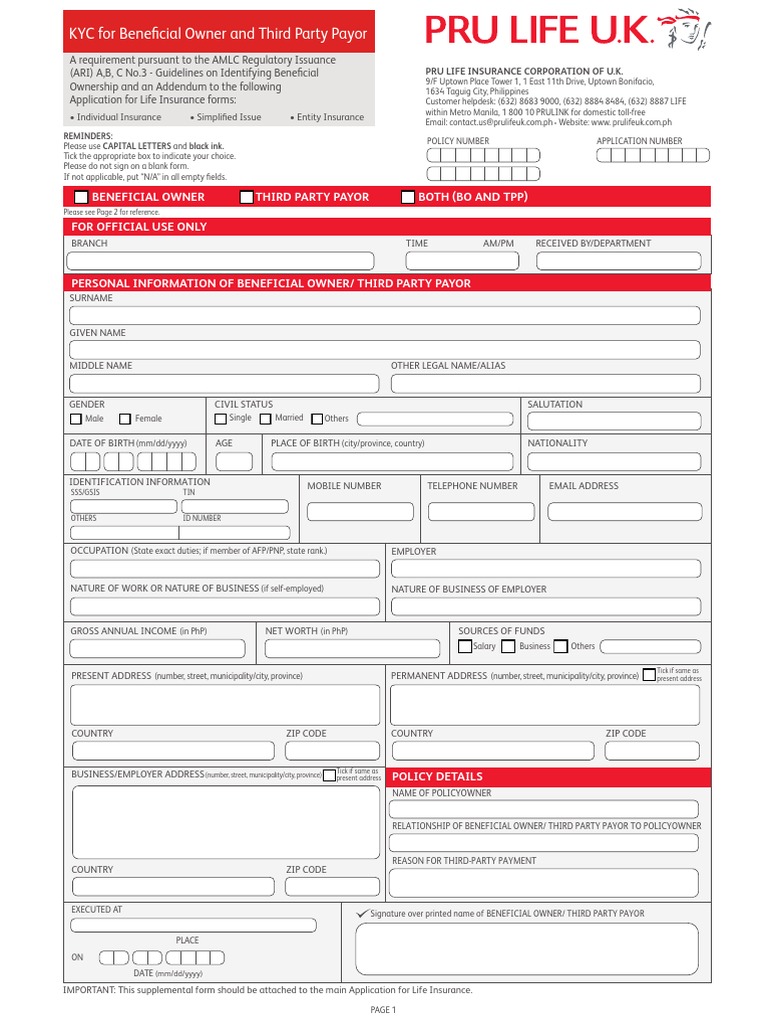 KYC For Beneficial Owner and Third Party Payor | PDF | Life Insurance ...