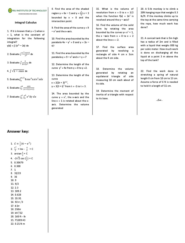 Integral Calculus (With Answers) | Download Free PDF | Area | Volume