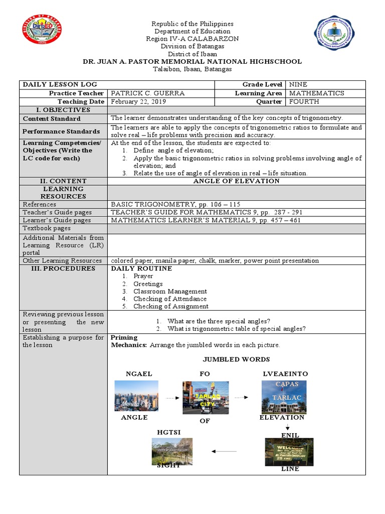 Grade 9 Lesson Plan: Angles of Elevation | PDF | Trigonometry | Learning