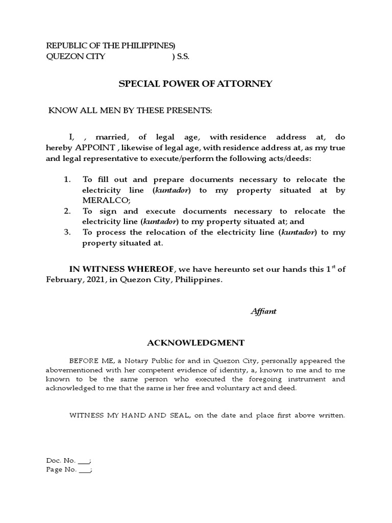 Special Power of Attorney for Meralco | PDF | Affidavit | Public Law
