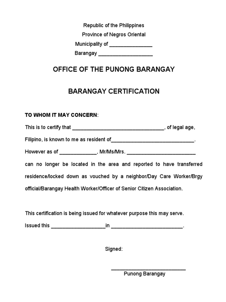 Brgy Certification For TOR | PDF | Social Science | Law