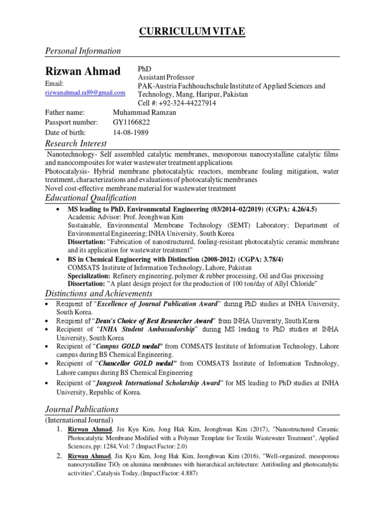 Rizwan Ahmad CV | PDF | Membrane | Applied And Interdisciplinary Physics