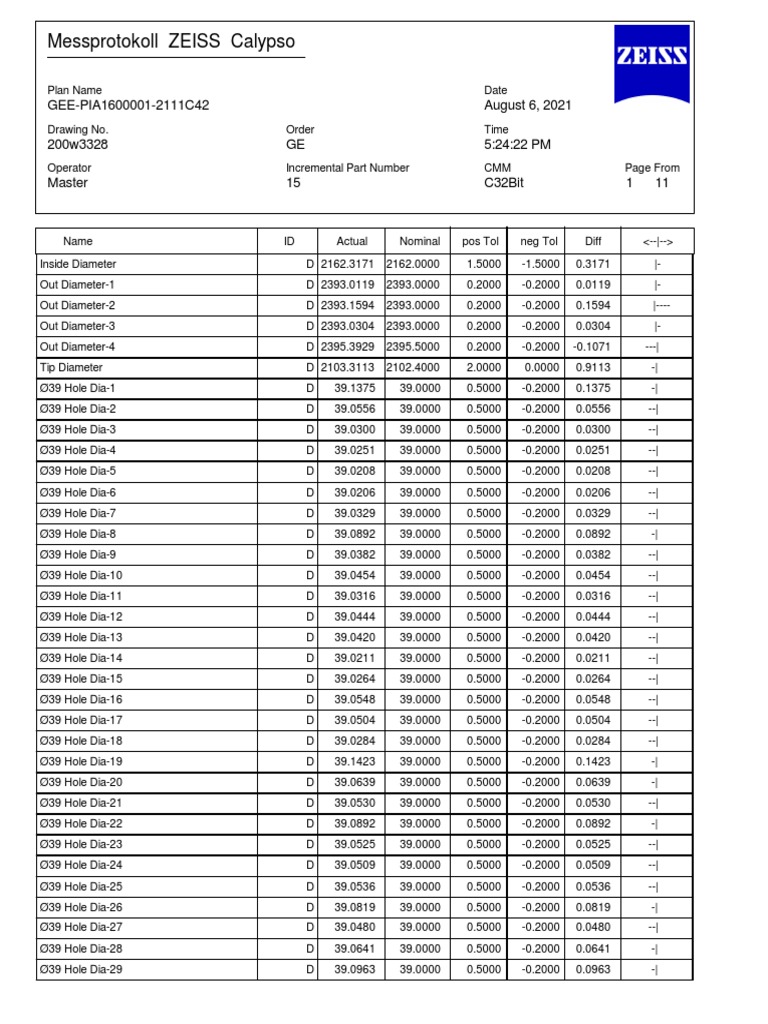 Messprotokoll ZEISS Calypso: GEE-PIA1600001-2111C42 August 6, 2021 | PDF