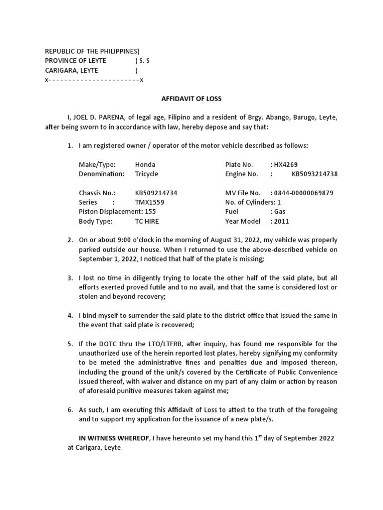 Affidavit of Loss - Plate Number - Draft | PDF | Affidavit | Engines