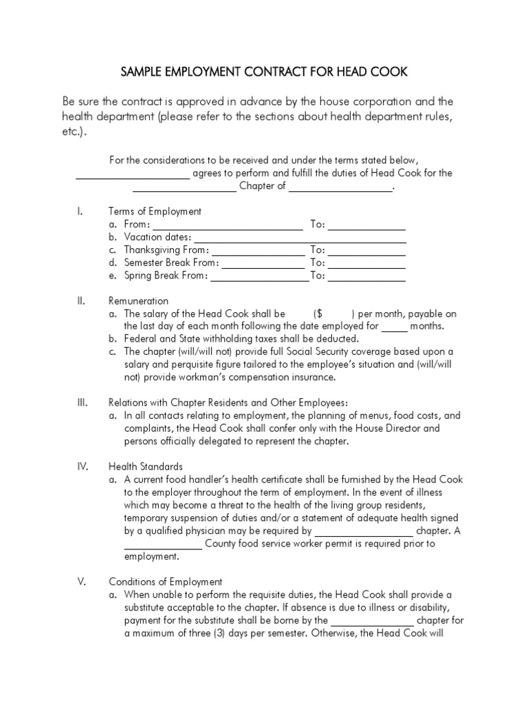 Head Cook Employment Contract Template | PDF | Employment | Meal
