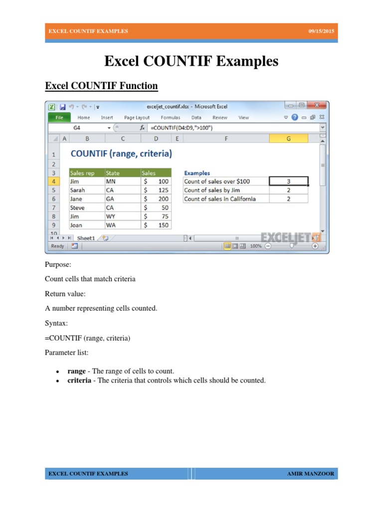 Excel COUNTIF Examples | Download Free PDF | Microsoft Excel | Formula