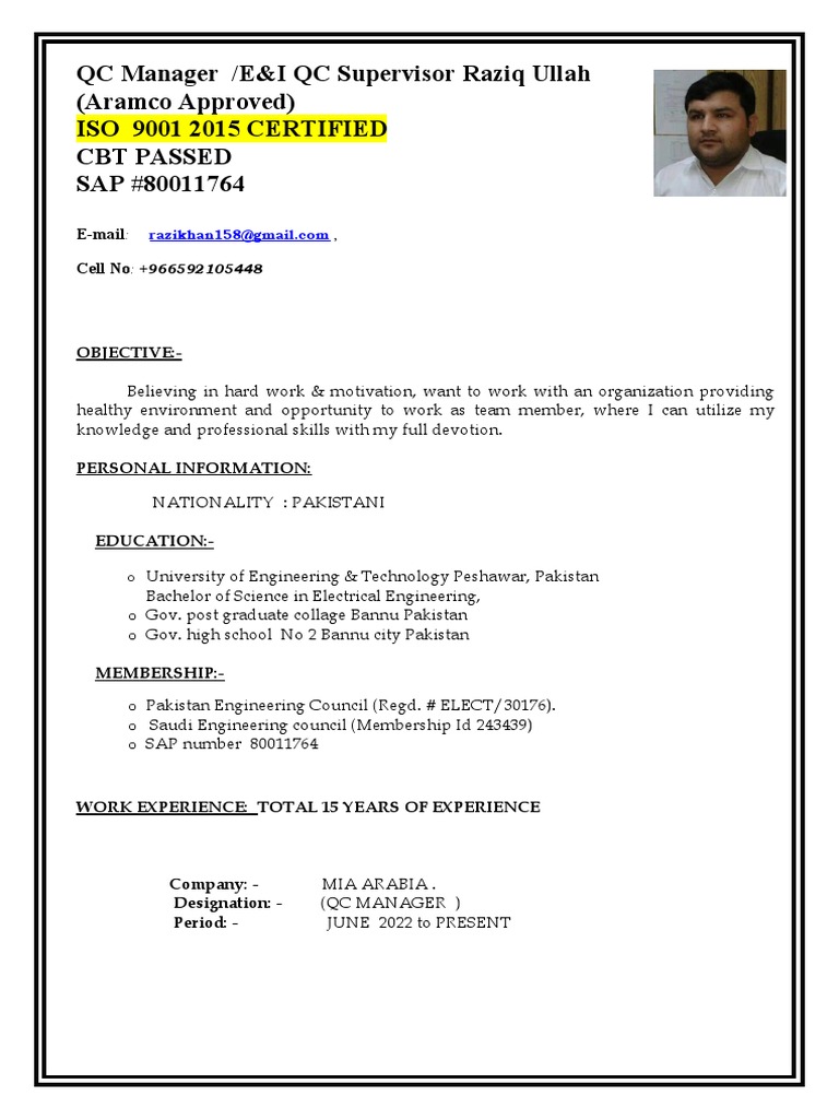 QCM CV | PDF | Quality Assurance | Specification (Technical Standard)