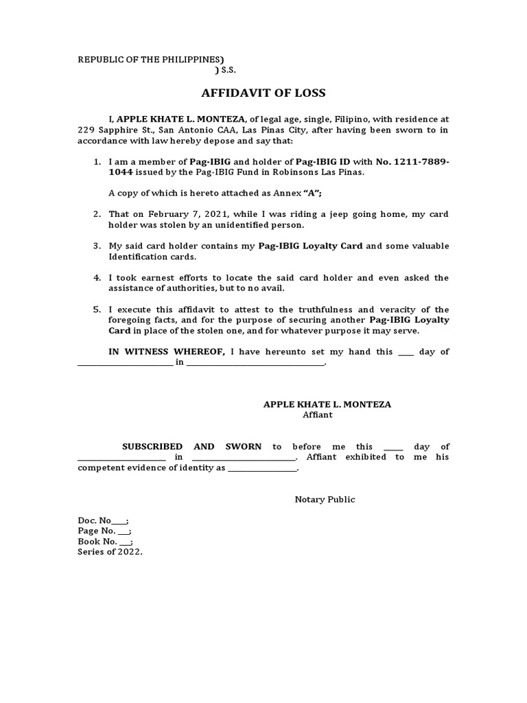 Affidavit of Loss for Pag-IBIG ID | PDF