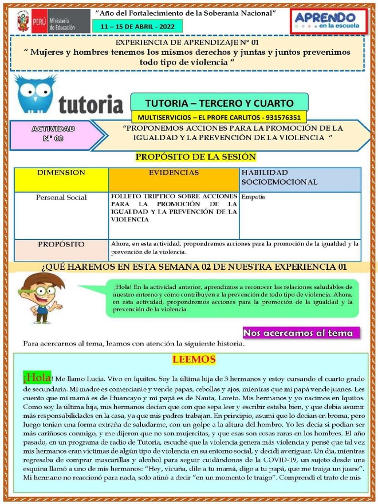 Experiencia de Aprendizaje 01 - Actividad 3 - 3ero y 4to Grado Grado - 2022 - Tutoria-1 | PDF