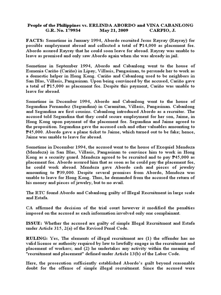 Illegal Recruitment Case: Abordo & Cabanlong | PDF | Politics | Law