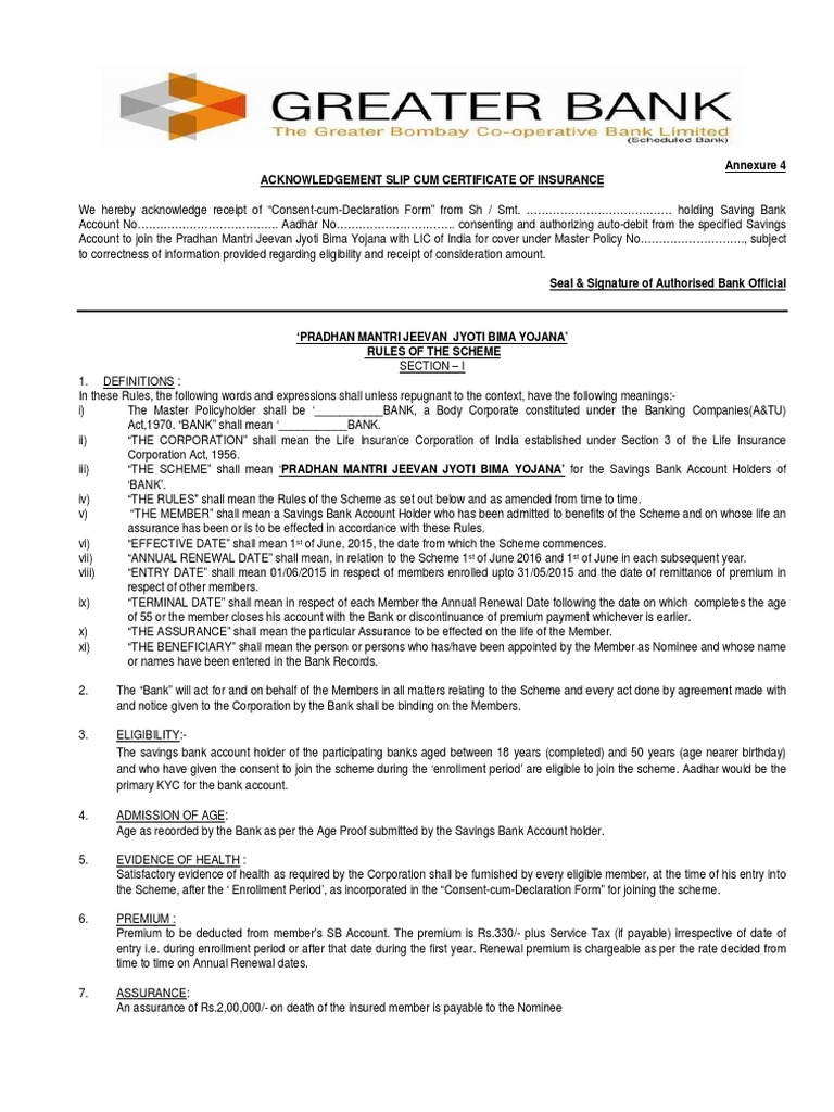 Acknowledgement Cum Insurence Certificate-Annexure-4 | PDF | Life ...