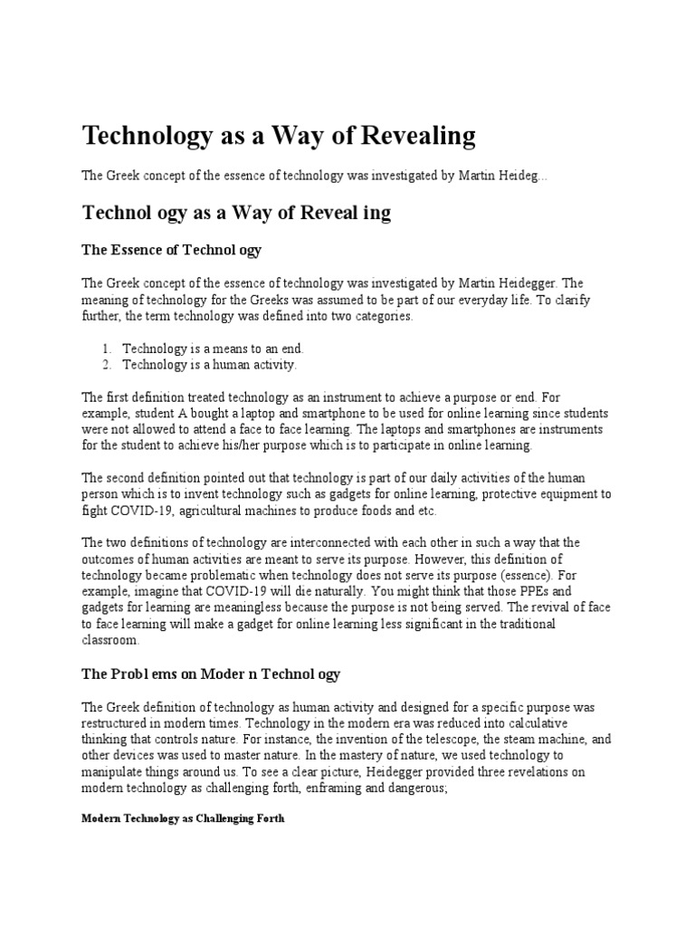 Technology As A Way of Revealing | PDF | Thought | Martin Heidegger