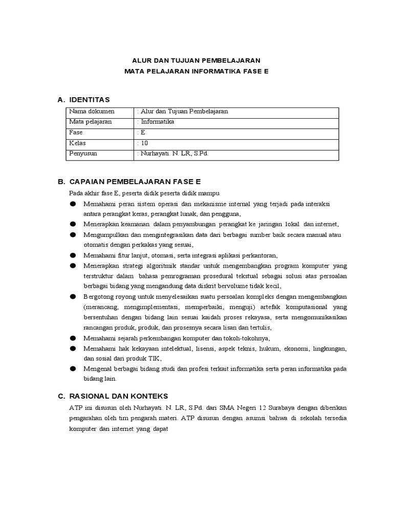 Alur Tujuan Pembelajaran Informatika | PDF