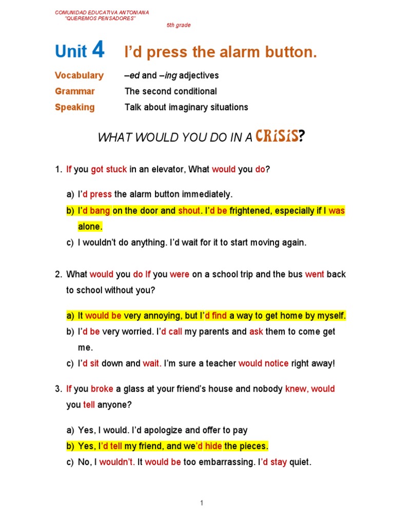 Unit 4 - ALV Id Press The Alarm Button (Complete) | PDF | Grammar | Linguistics