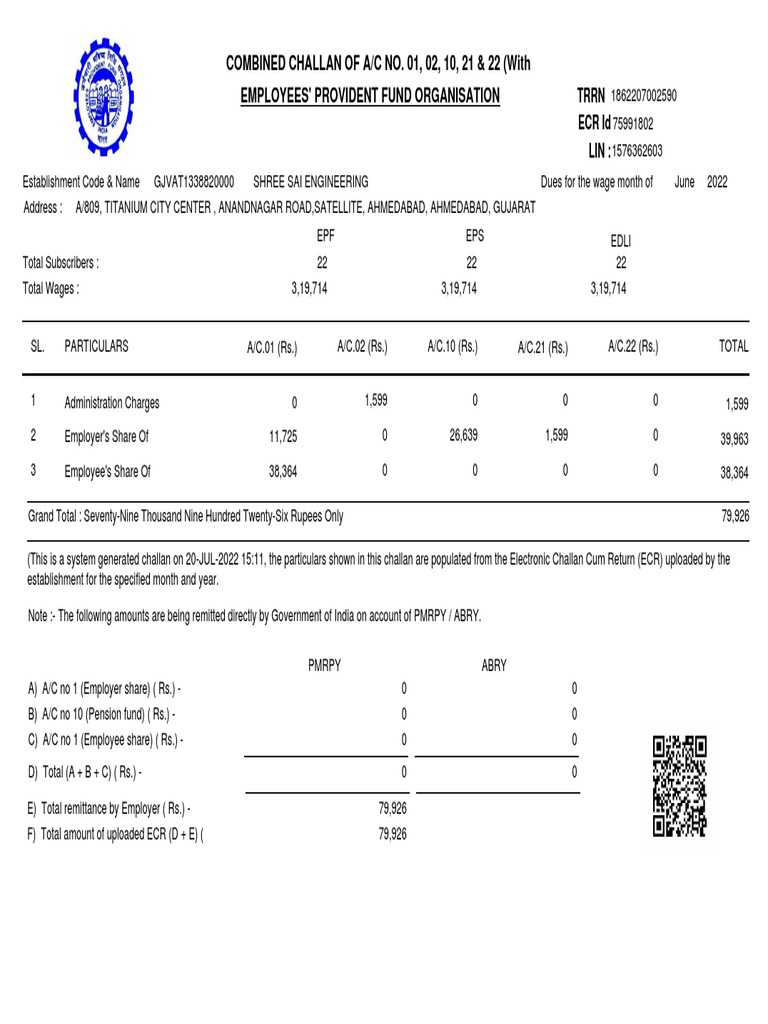 PF Challan Ludhiana Jun 22 | PDF | Government Of India | Financial Services