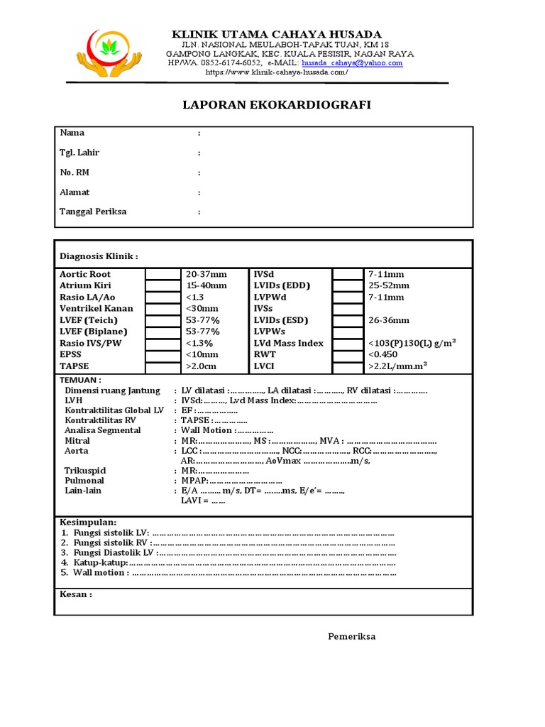 Laporan Ekokardiologi Echo Klinik Utama Cahaya Husada, Nagan Raya | PDF