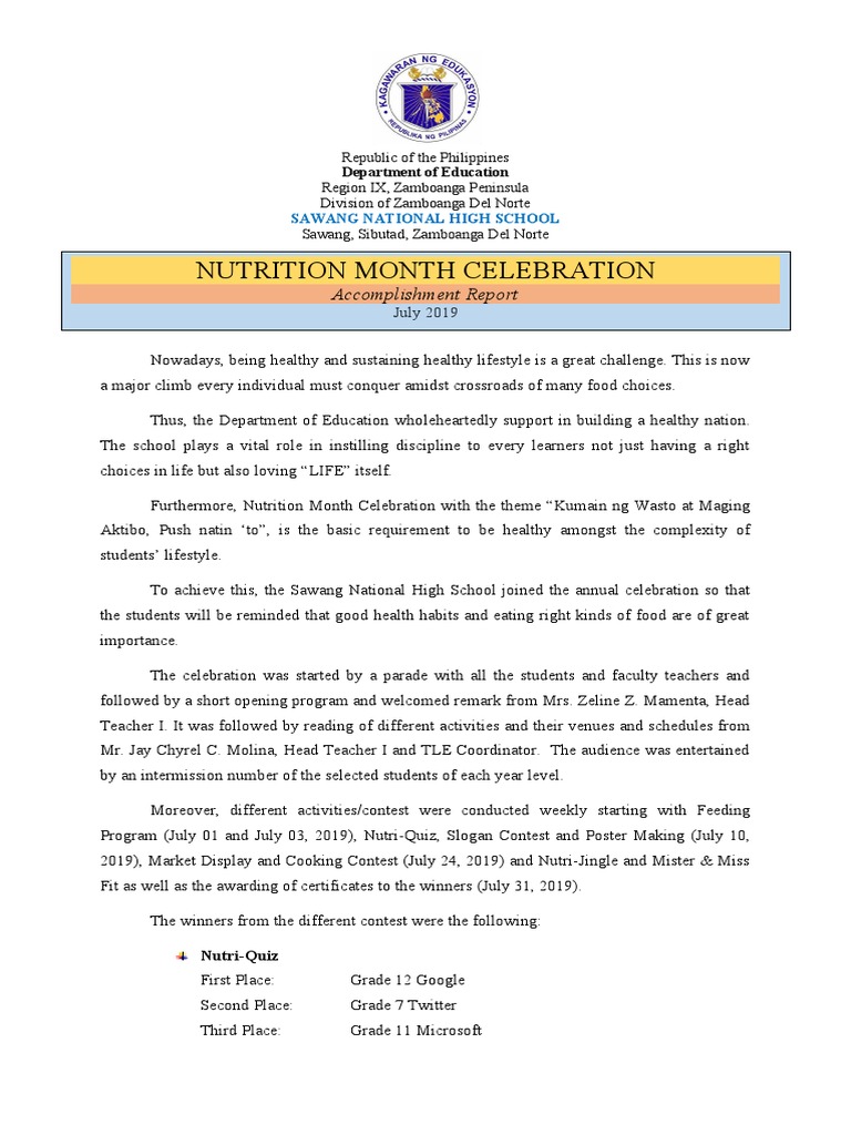 Accomplishment Report on the Nutrition Month Celebration at Sawang ...