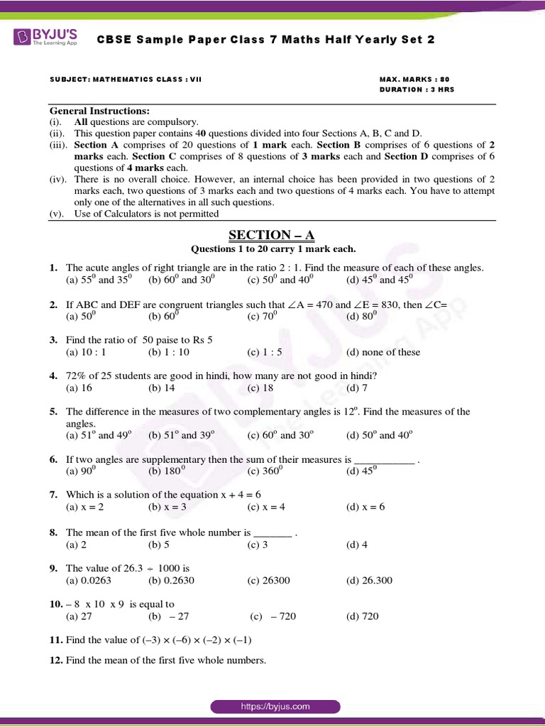 CBSE Sample Paper Class 7 Maths Half Yearly Set 2 | PDF | Triangle ...