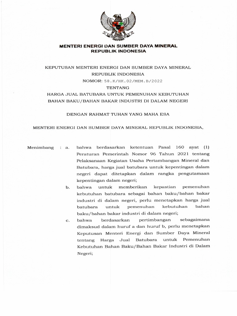 Kepmen ESDM Nomor 58.K - HK.02 - MEM.b - 2022 Harga Batubara Industri | PDF