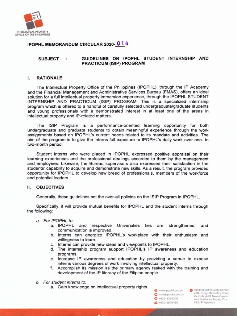 Memorandum Circular No. 2020 - 016 Guidelines On IPOPHL Student Internship and Practicum (ISIP ...