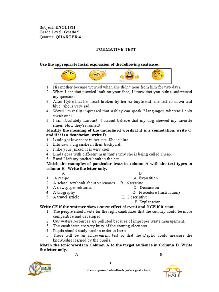 Formative Test Grade 5-Q4 | PDF | Flowers | Petal