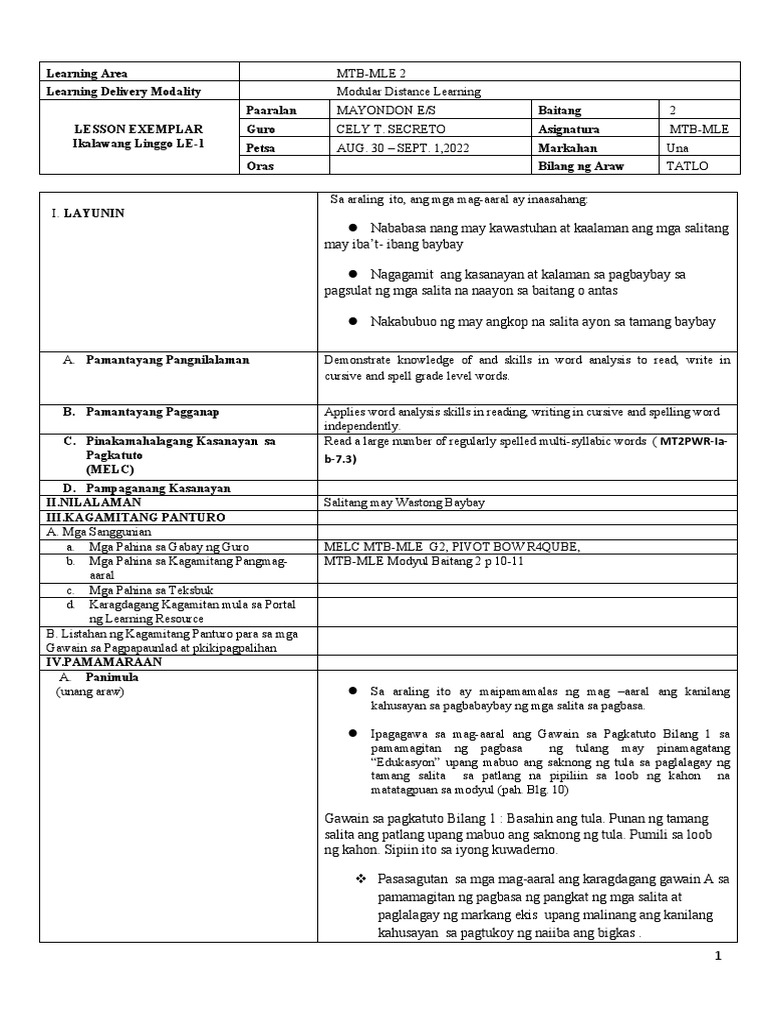 MTB MLE2 WEEK 2 LE 1 Unang Markahan | PDF