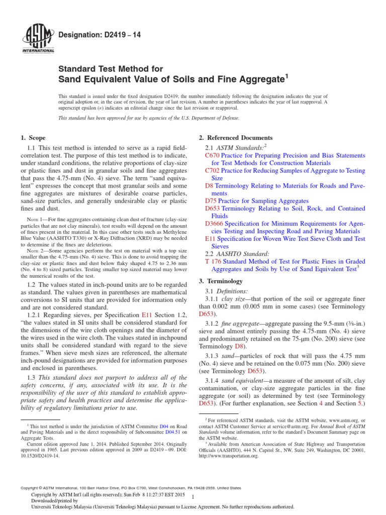 Sand Equivalent - ASTM D 2419-14 | PDF | Accuracy And Precision | Inch