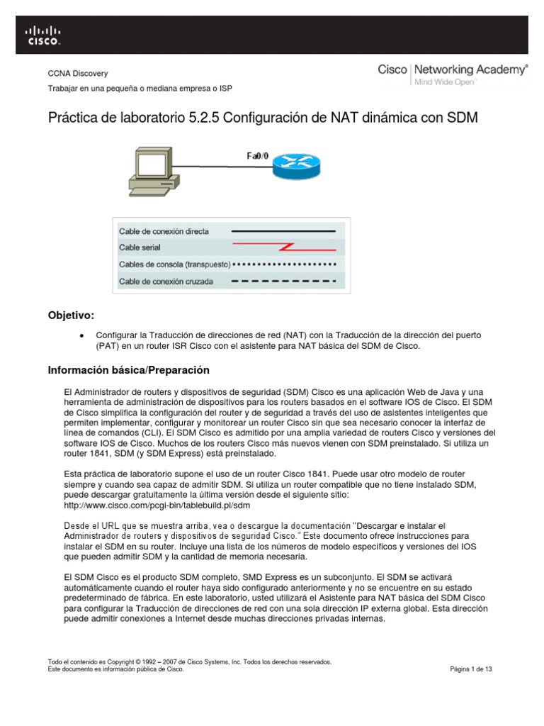 5.2.5 Configuracion de NAT Dinamica Con SDM | PDF | Enrutador (Computación) | Dirección IP