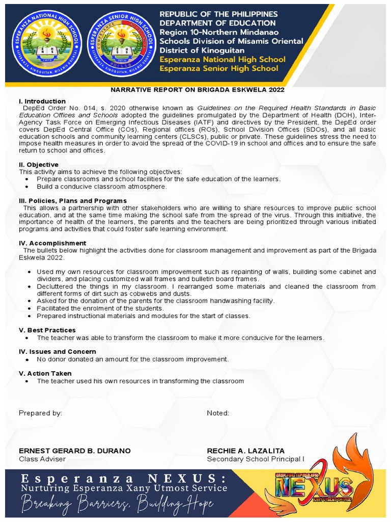 Narrative Reports-Enhs | PDF | Classroom | Teachers