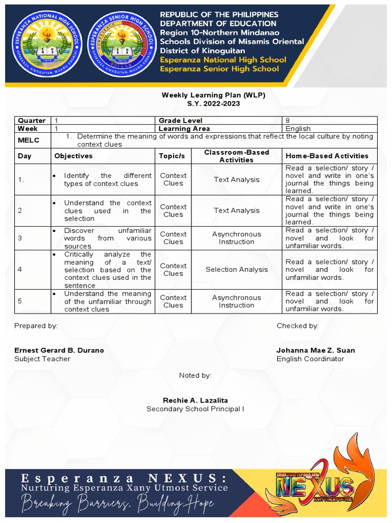 Weekly Learning Plan (G8 Q1) | PDF
