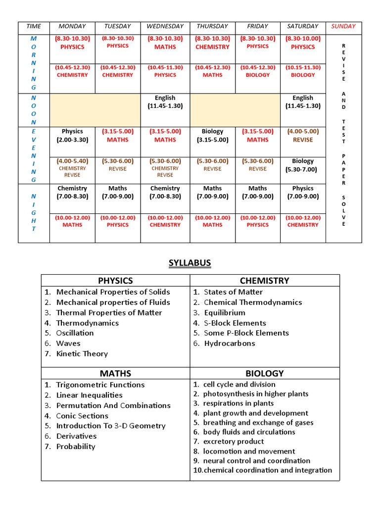 Best Time Table For 11TH | PDF | Chemistry | Physics