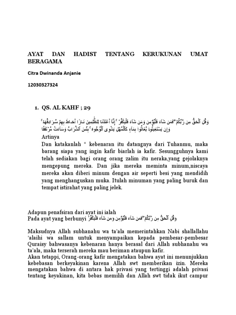 Ayat Dan Hadist Tentang Kerukunan Umat Beragama | PDF