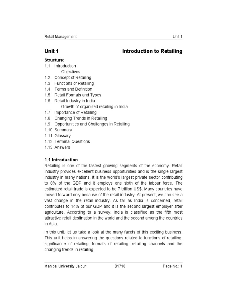 Unit 01 Introduction To Retailing - Merged | PDF | Retail | Consumer Behaviour