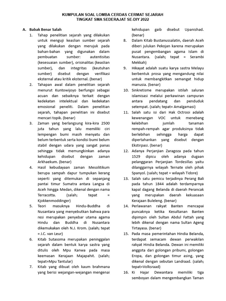Kumpulan Soal Lomba Cerdas Cermat Sejarah DIY 2022 | PDF