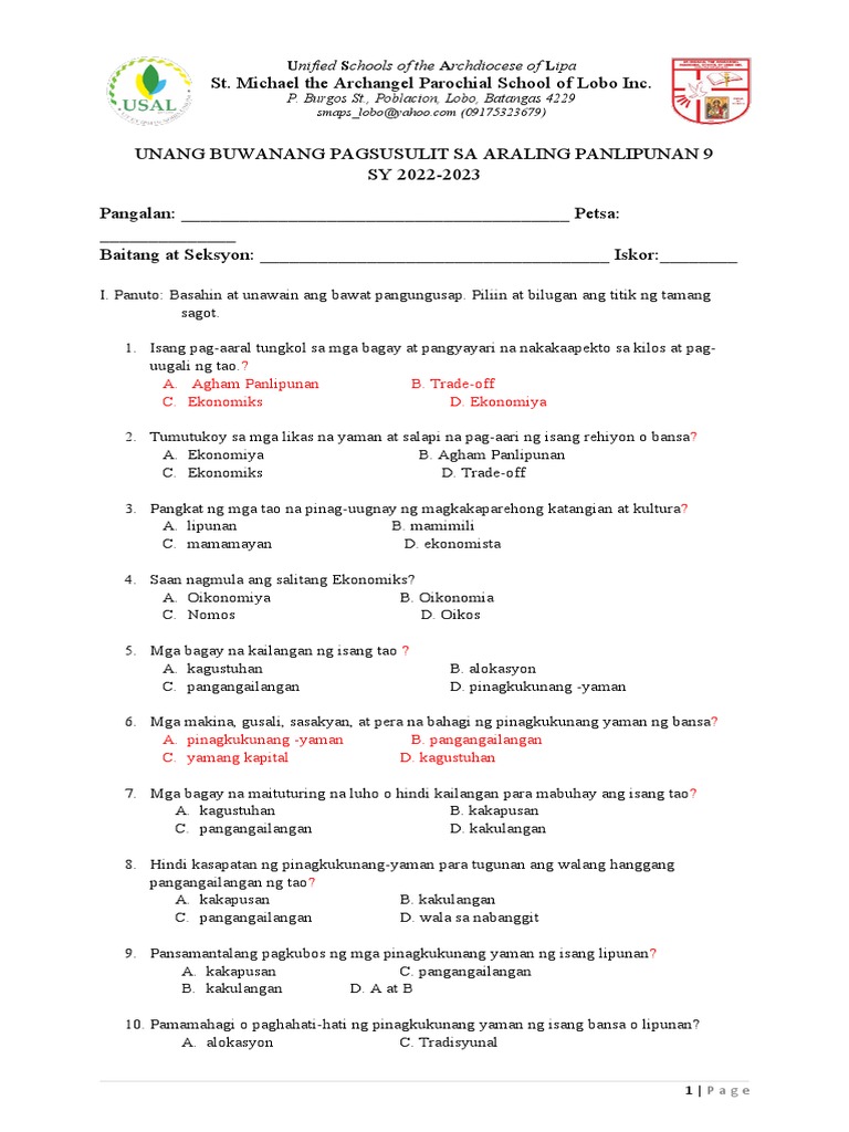 1st Monthly Exam AP 9 | PDF