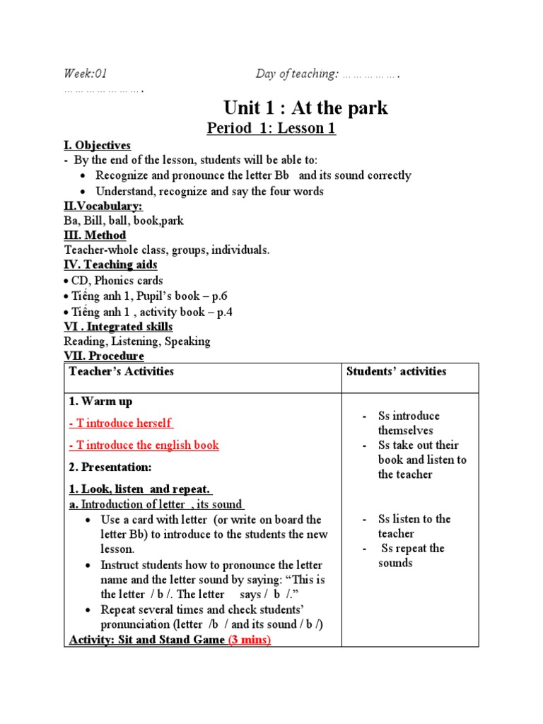 Giáo Án L P 1 Unit 1 | PDF | Phonics | Cognition