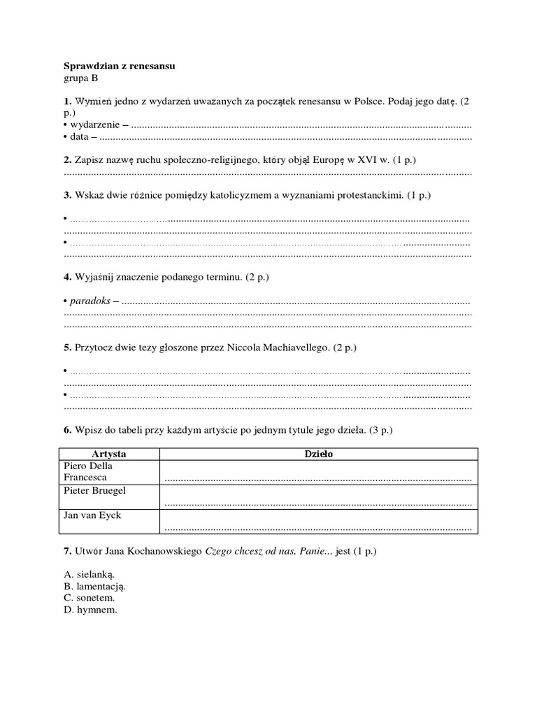 Renesans Sprawdzian Wersja B | PDF
