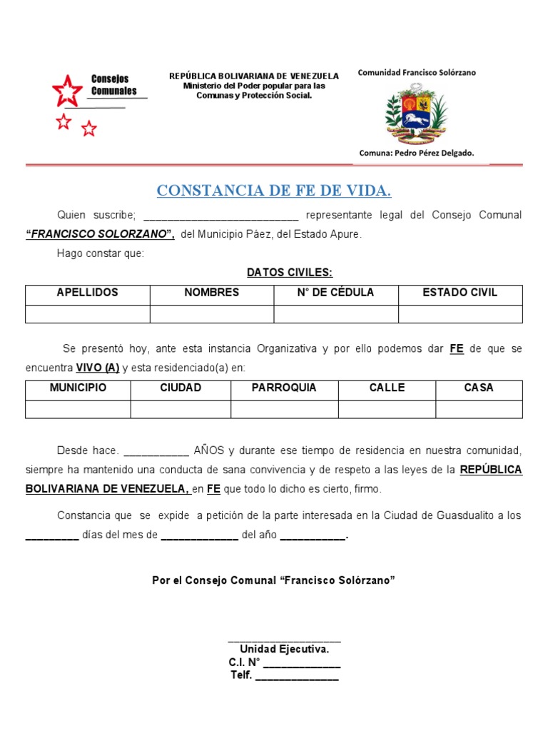 Constancia de Fe de Vida (Consejo Comunal) | PDF